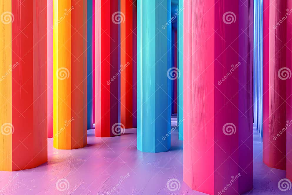 Abstract Interior with a Sequence of Colorful Pillars Casting Soft ...
