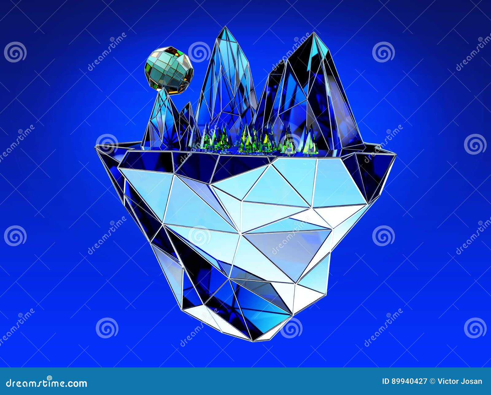 Abstract Island with Mountain Landscape in Polygonal Segments. 3d ...