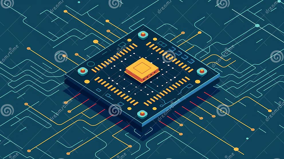 Abstract Isometric Illustration of a Computer Chip on a Circuit Board ...