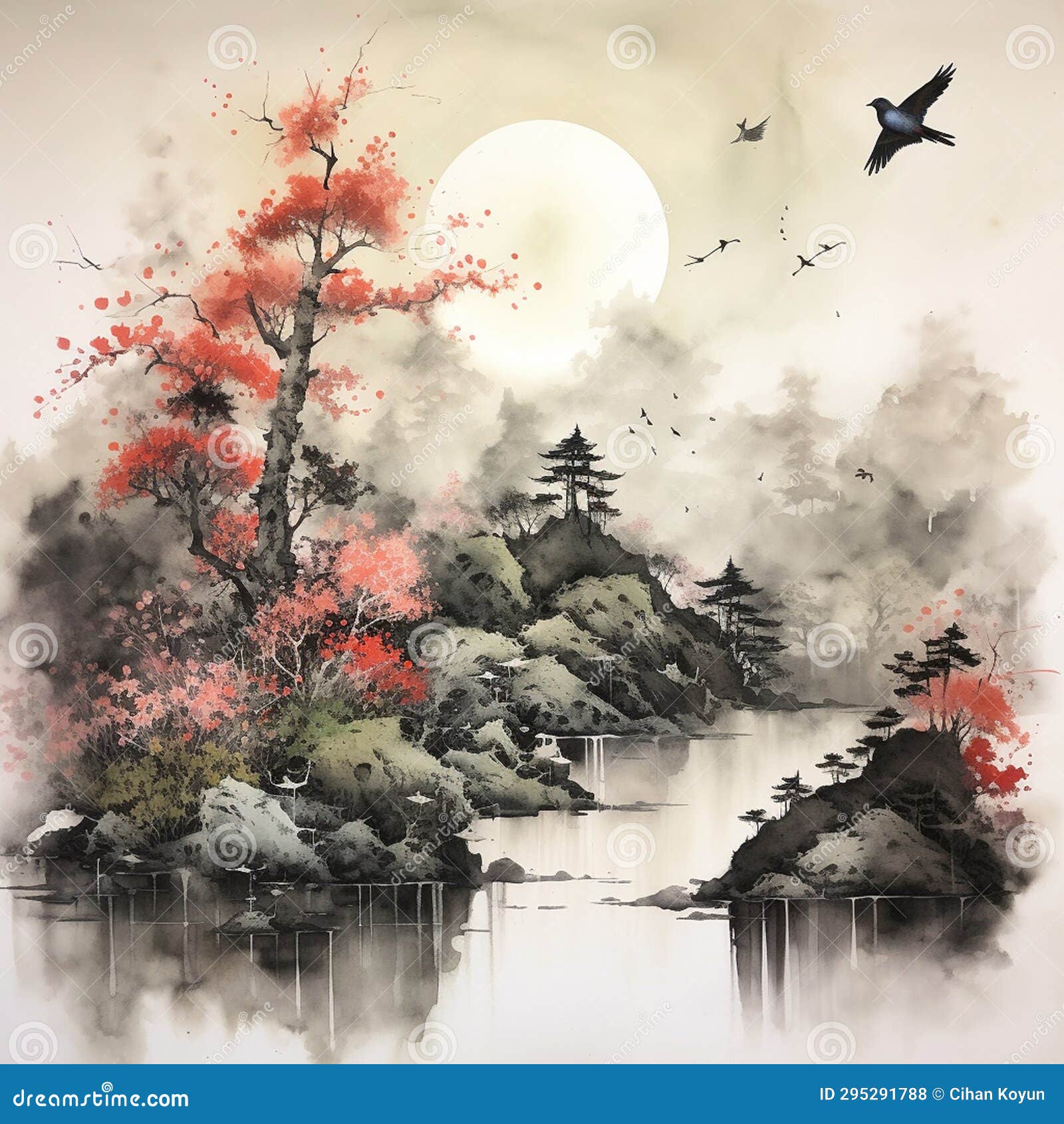 Abstract Japanese Sumi-e Bird Painting Stock Illustration ...
