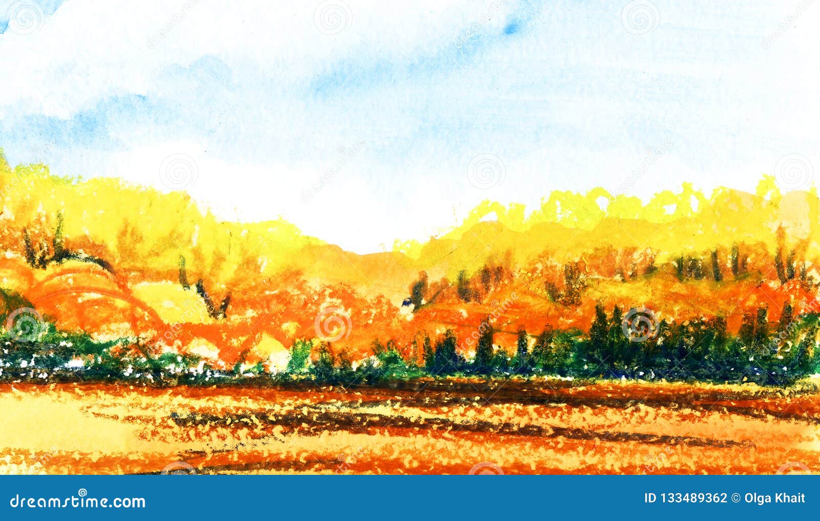 Abstract Landscape. Autumn Forest and Fields Under Blue Sky Stock ...