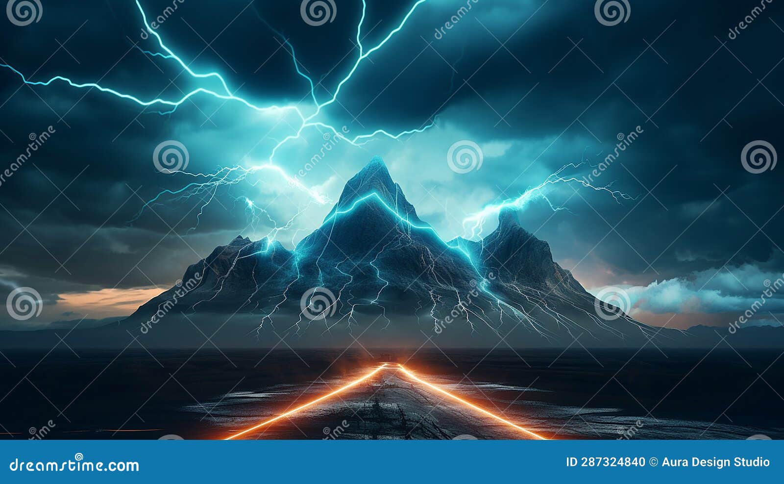 Abstract Landscape Background with Glowing Thunder at Night 3d ...