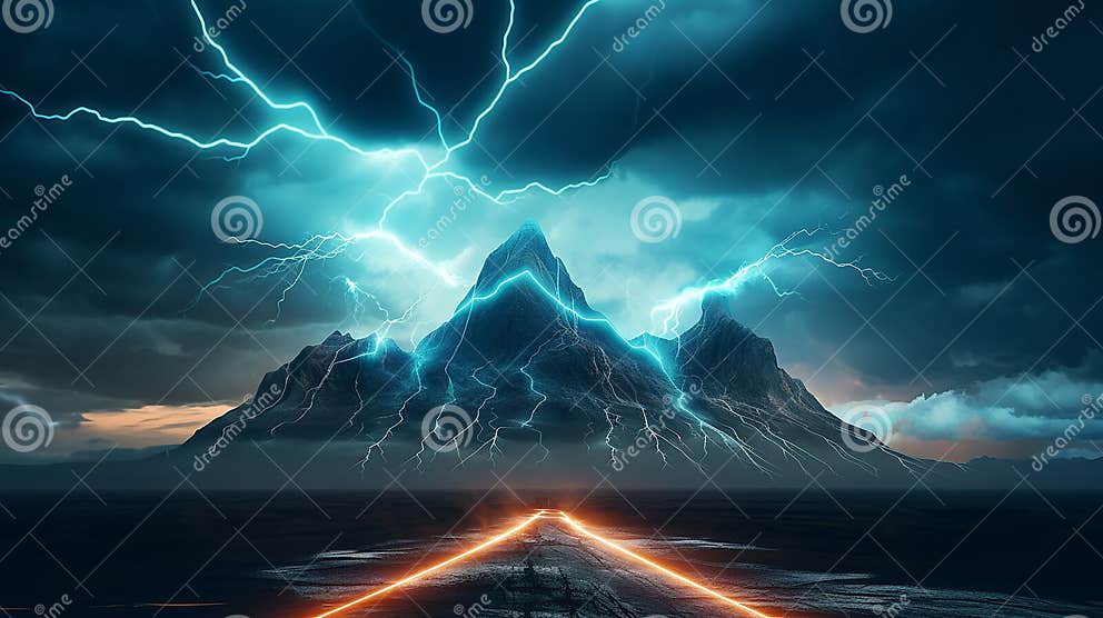 Abstract Landscape Background with Glowing Thunder at Night 3d ...