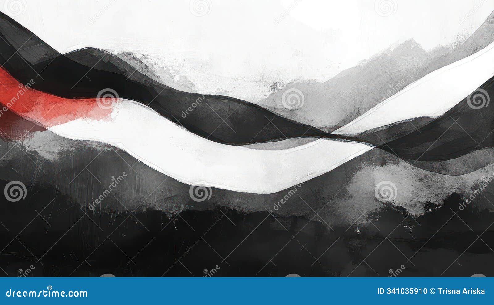 Abstract Landscape with Flowing Black, White, and Red Waves, Evoking ...