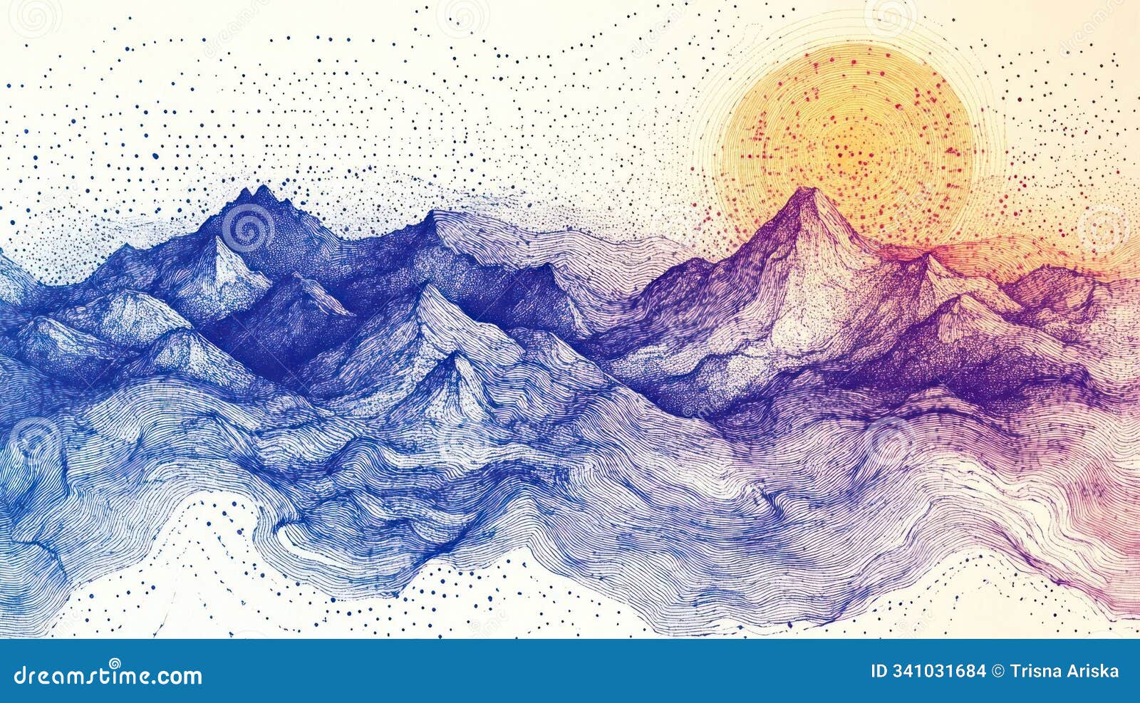 Abstract Landscape Illustration Featuring Mountains and a Sun in a ...