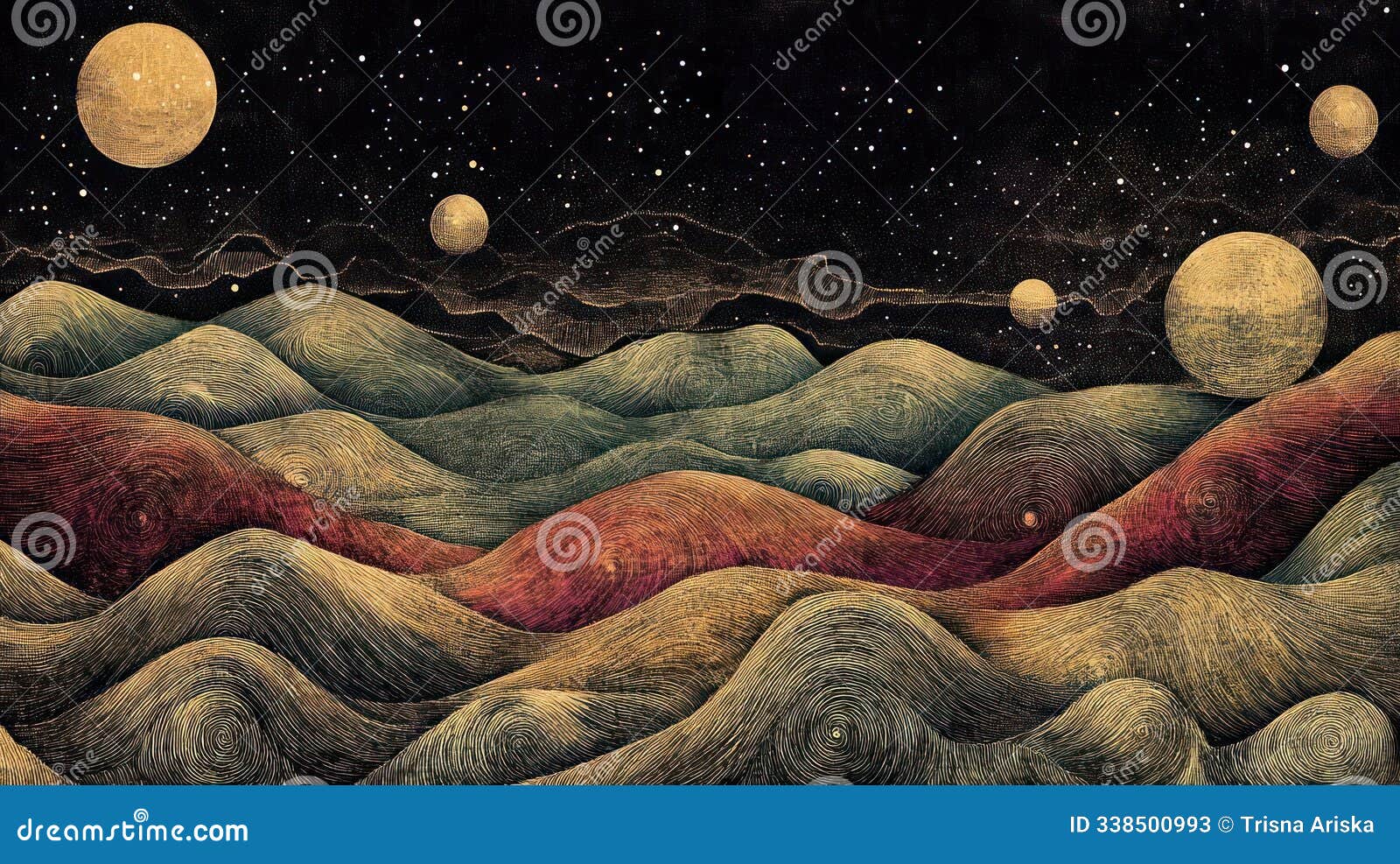 Abstract Landscape with Rolling Hills and Celestial Bodies in a Starry ...