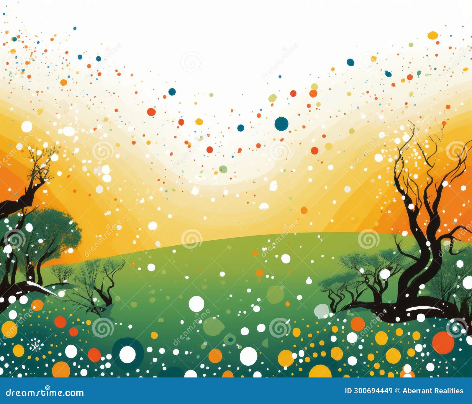 An Abstract Landscape with Trees and Bubbles in the Sky Stock ...