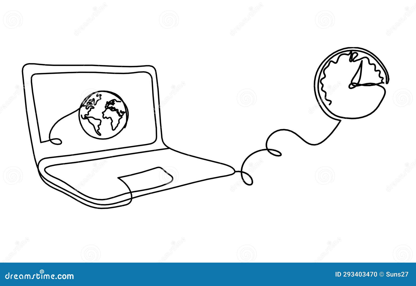 Abstract Laptop and Clock As Line Drawing on White Stock Illustration ...