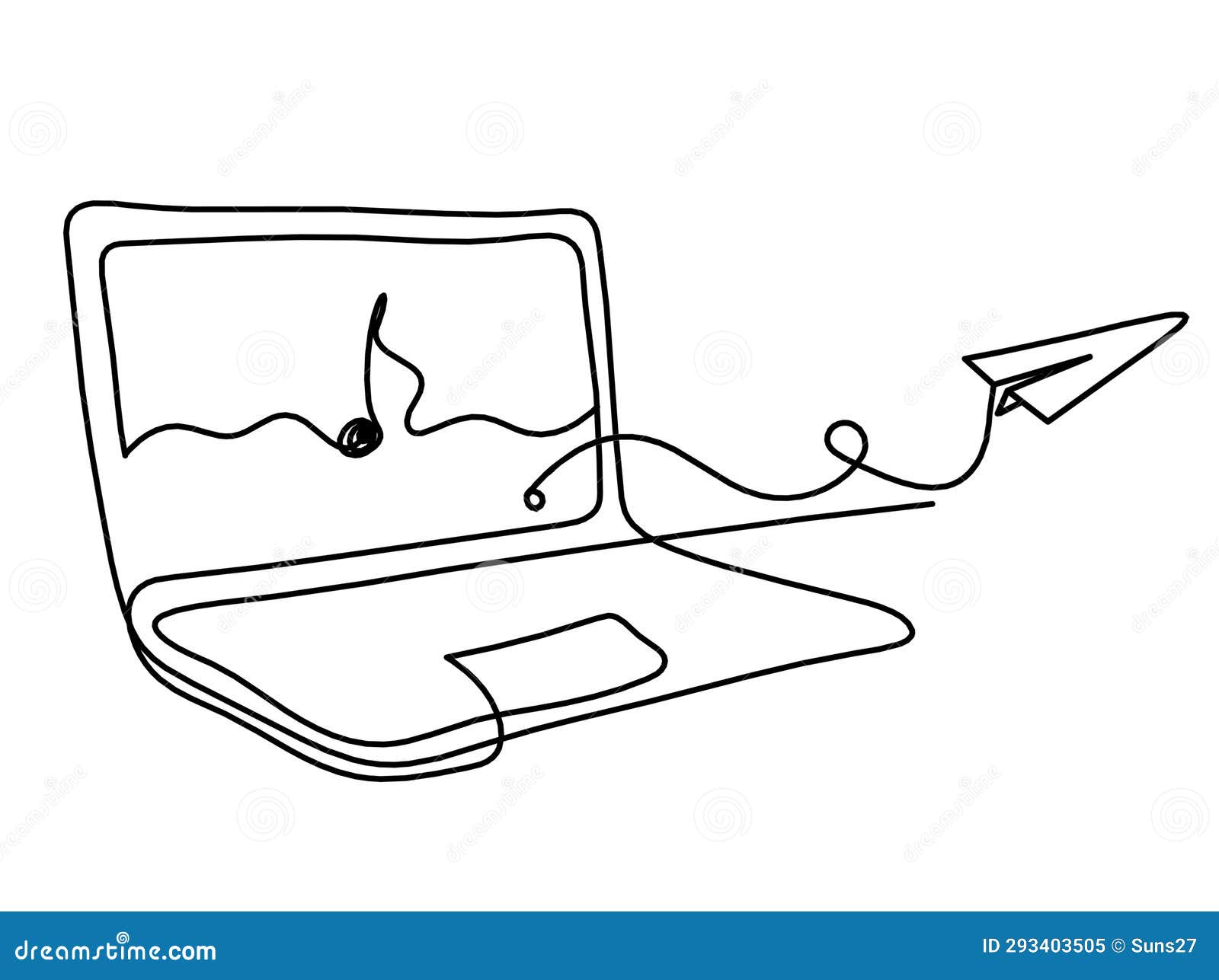 Abstract Laptop and Paper Plane As Line Drawing on White Stock ...