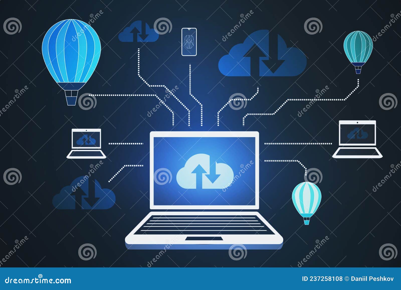 Abstract Laptop with Various Icons and Digital Cloud Computing ...