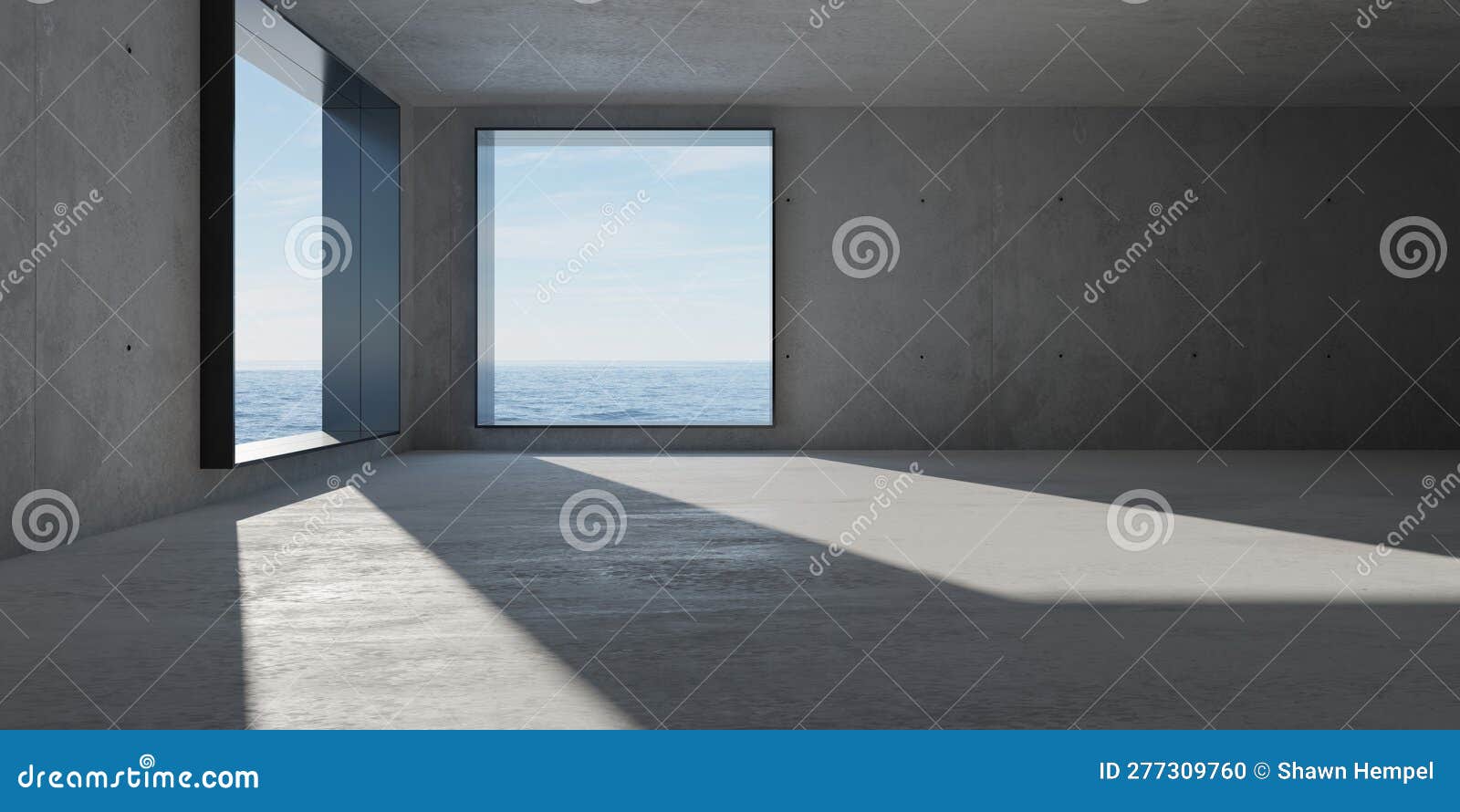 Abstract Large, Empty, Modern Concrete Room with Large Corner Windows ...