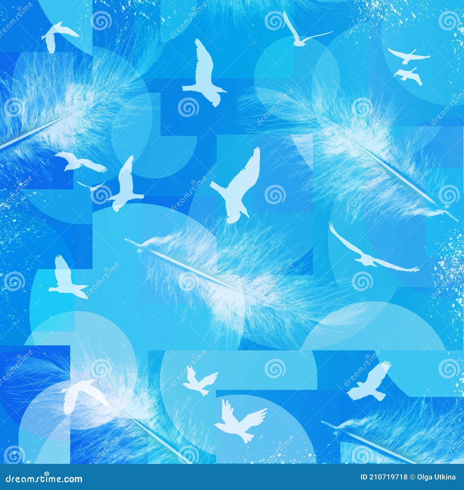 Flying Birds and Falling Bird Feathers on a Blue Background for Your ...