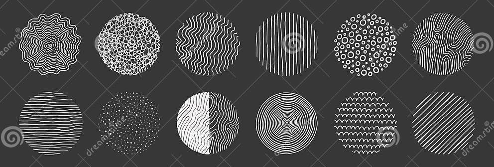 Abstract Line Pattern Circle Set. Hand Drawn Texture, Doodle Decorative ...