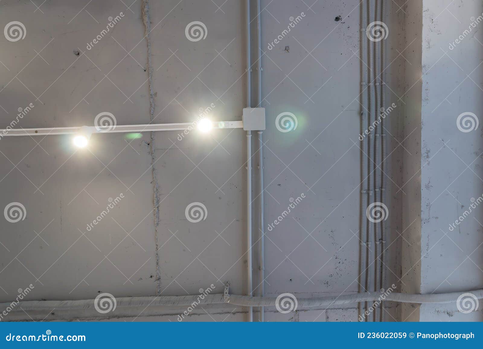 Abstract Loft Interior of Concrete Grey Ceiling with Lamps ...