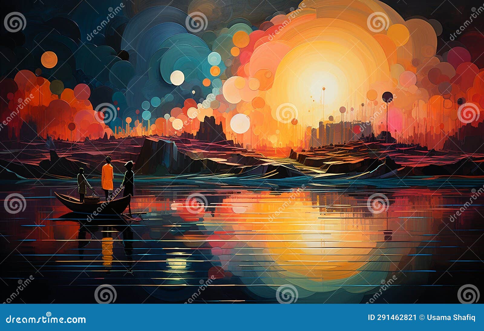 Abstract Long Shot with Two People on a Boat. Generative AI Stock ...