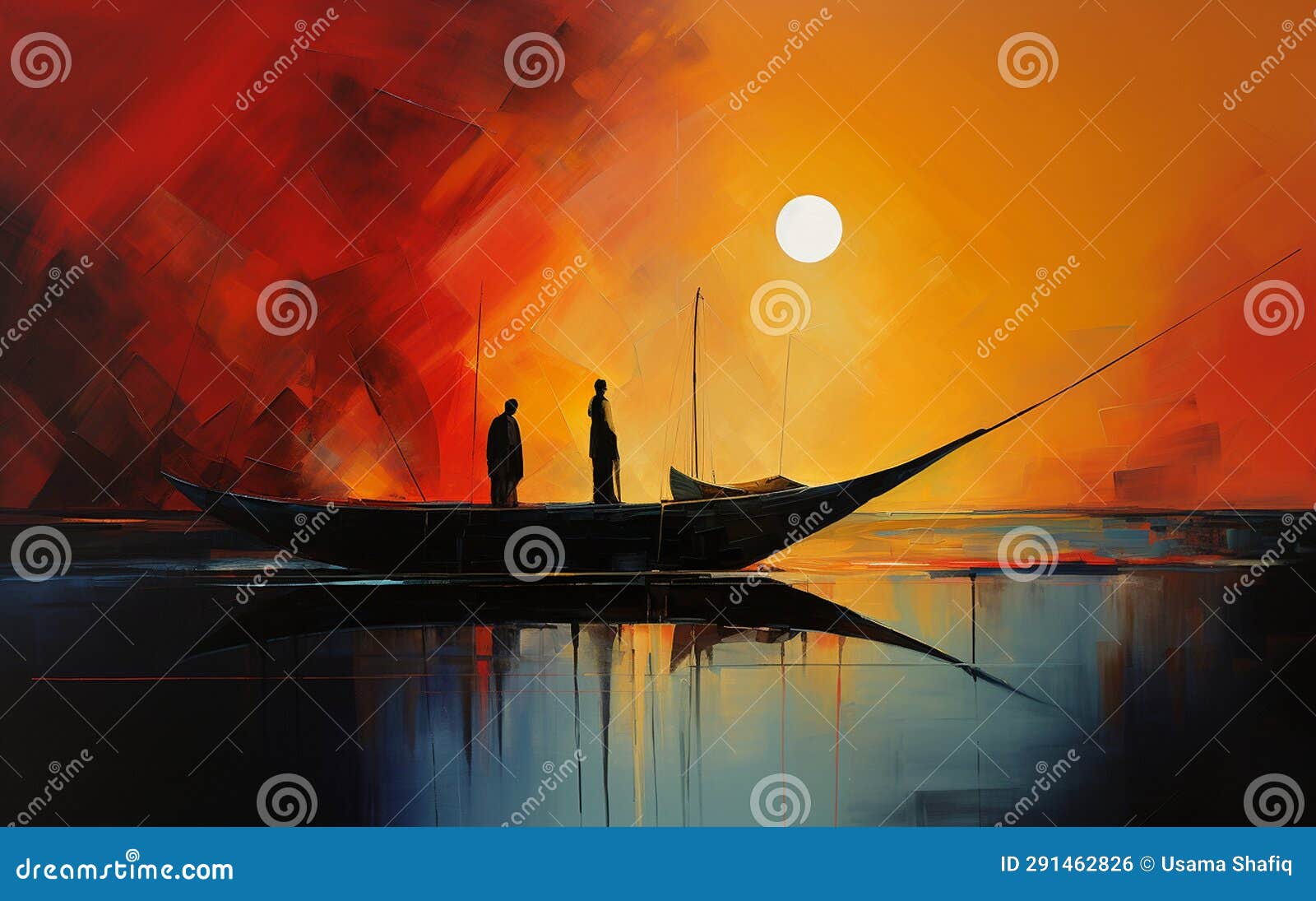 Abstract Long Shot with Two People on a Boat. Generative AI Stock ...