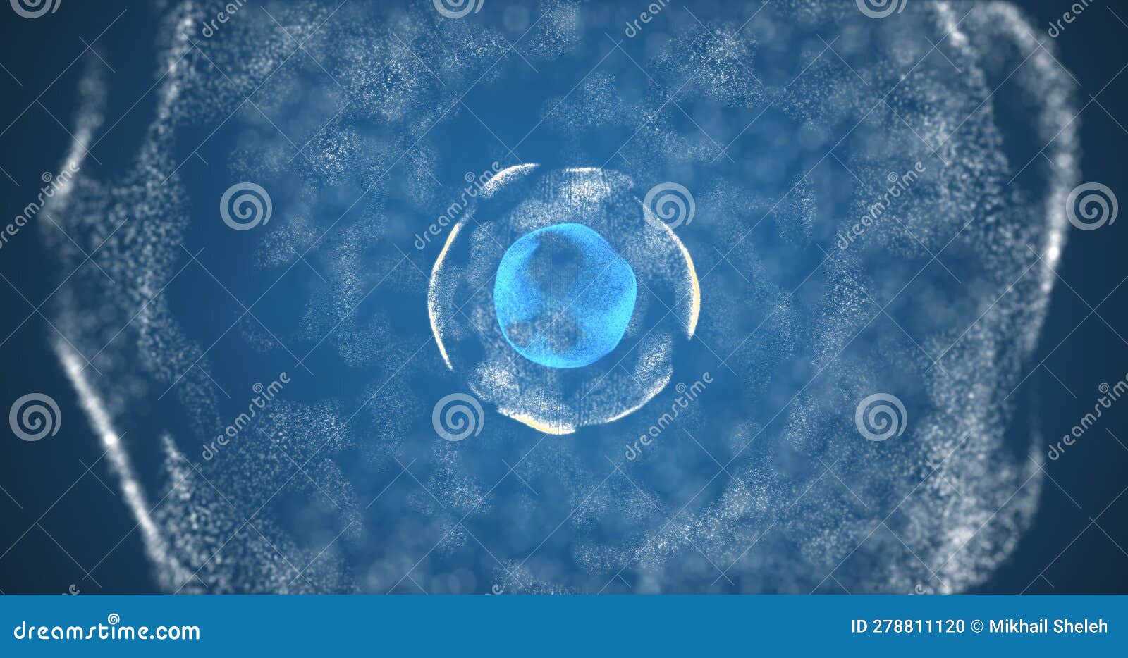 A Blue Deformable Ball Inside a Sphere of White Clouds of Particles ...