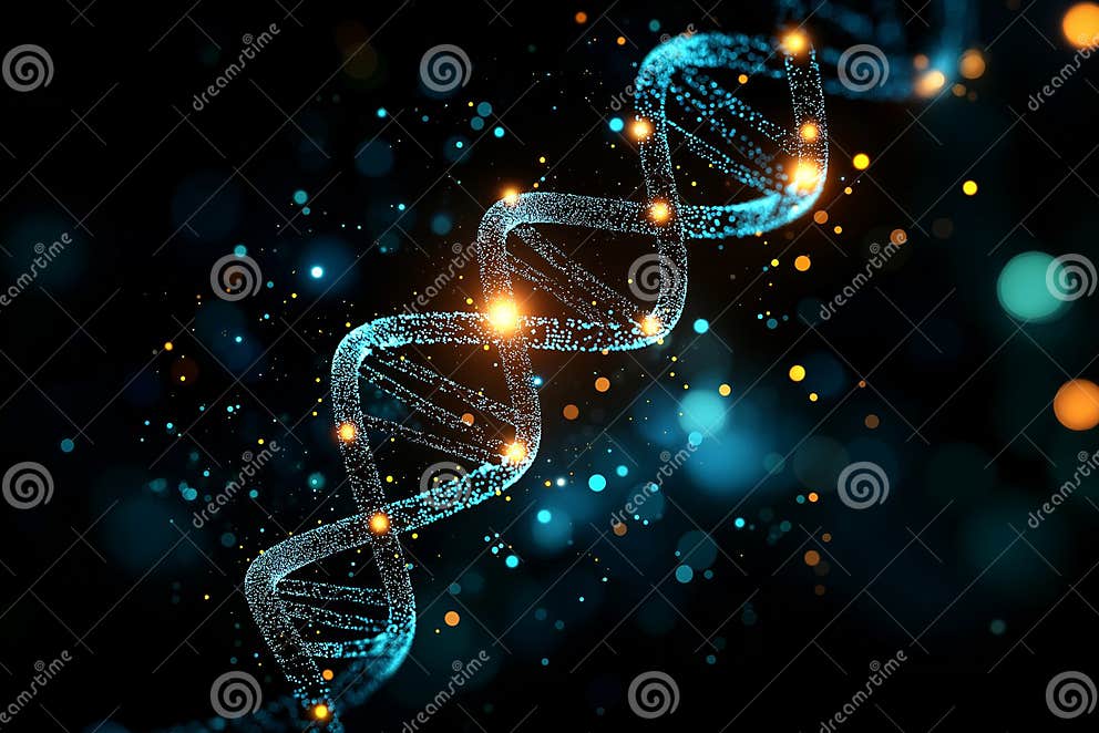 Abstract Low Poly DNA Structure with Glowing Particles in Dark Background Representing Genetic ...