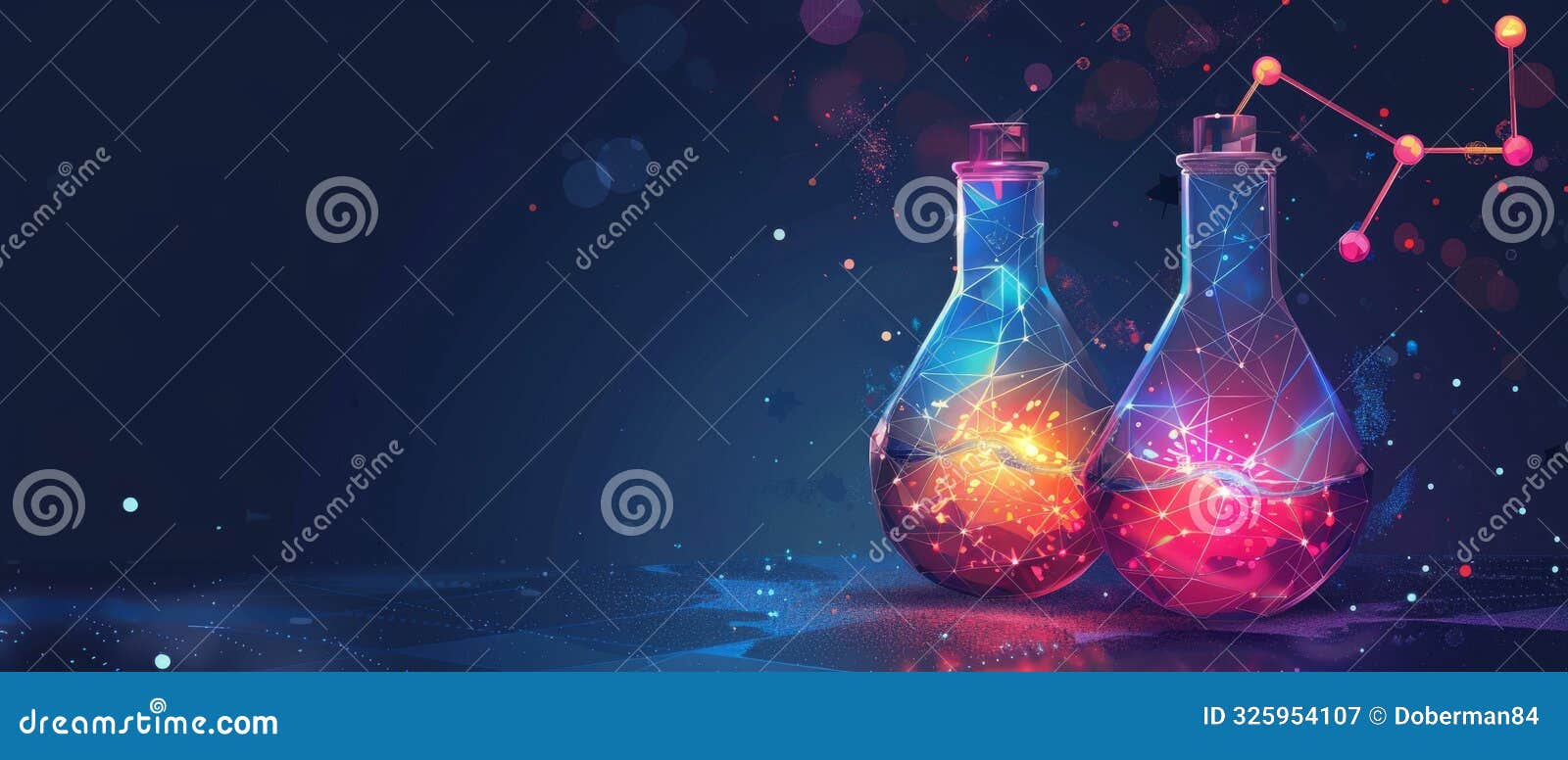 Low Poly Science Concept With Colorful Lab Flasks In Neon Futuristic ...
