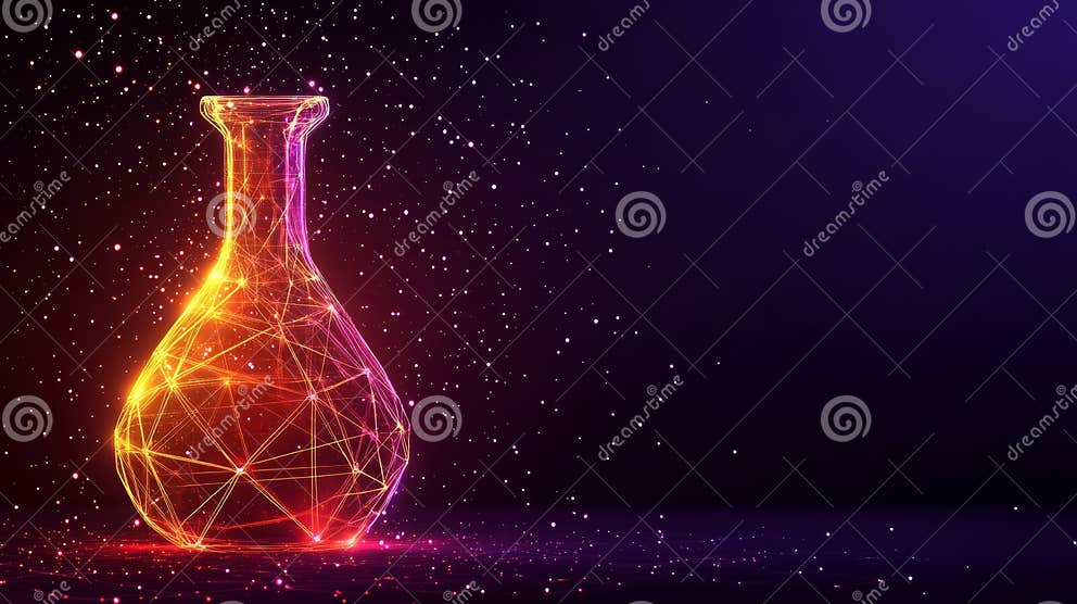 Abstract Low Poly Style Glowing Flask with Connected Lines and Dots on ...