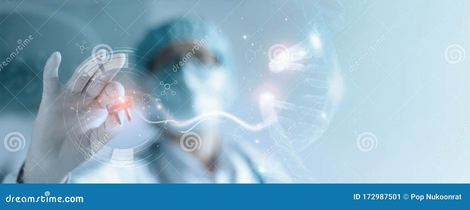 Abstract Luminous DNA Molecule. Hand of Doctor Touching and Cut Dna for ...