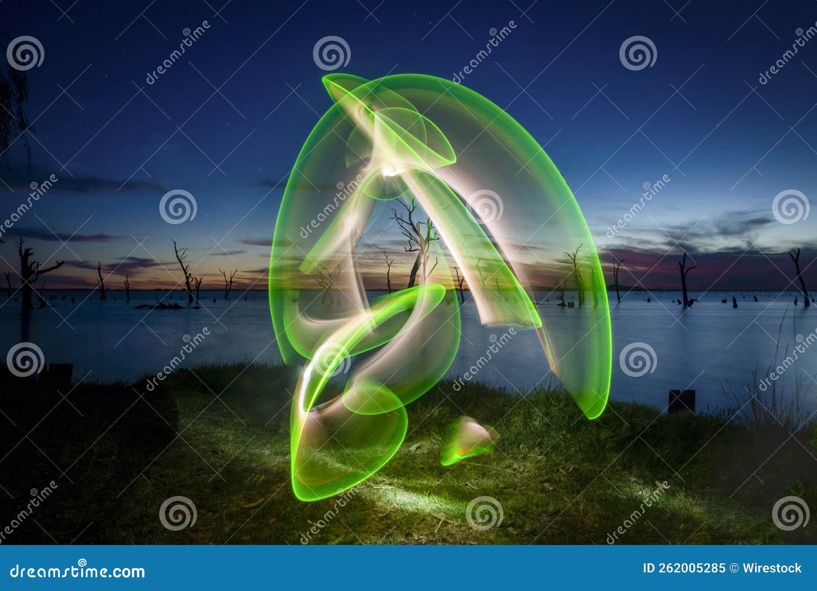 Abstract Luminous Light Painting on the Shore of the Lake Stock Image ...
