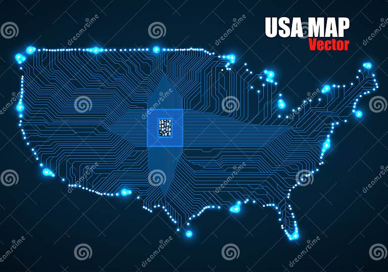 Abstract Map USA with Cpu. Glowing Circuit Board Stock Vector ...