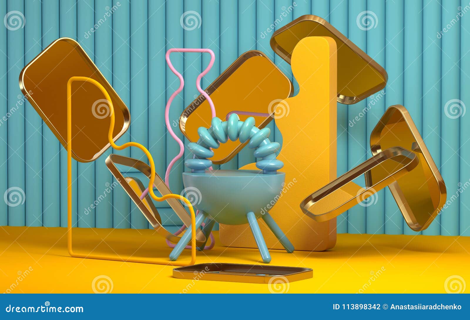 Abstract Memphis Style Scene with Geometric Objects Stock Illustration ...