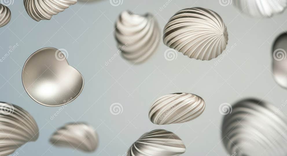 Abstract Metallic Shells Floating on Soft Blue Background Stock ...