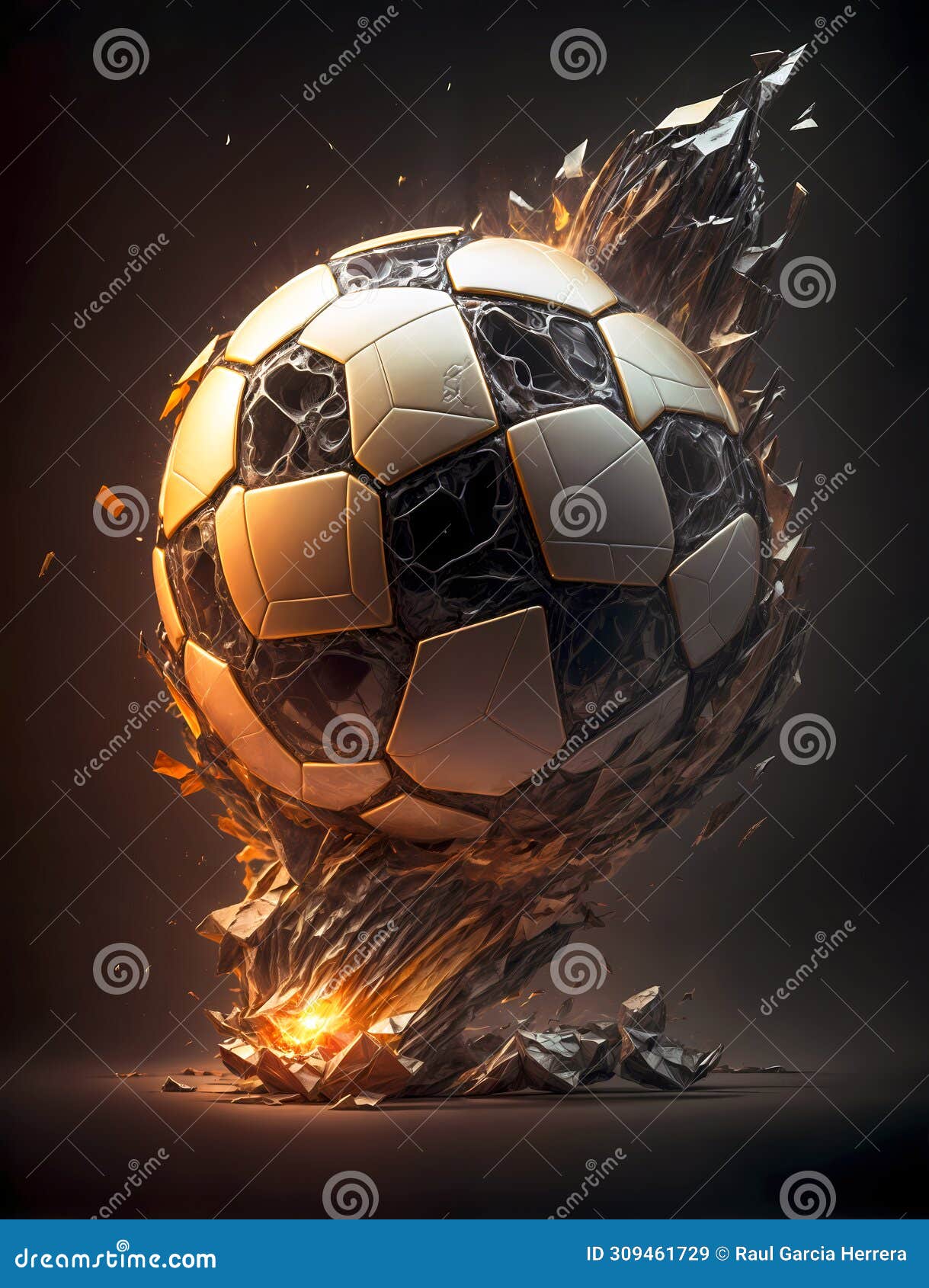 Abstract Metallic Soccer Ball Shattered and Broken Soccer Ball on Fire ...