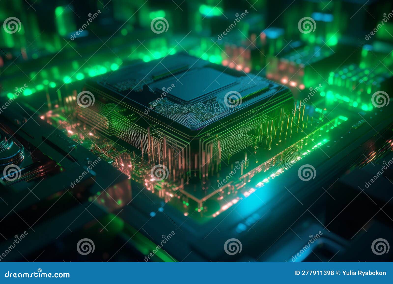 Abstract Microchip Green Neon. Generate AI Stock Illustration ...