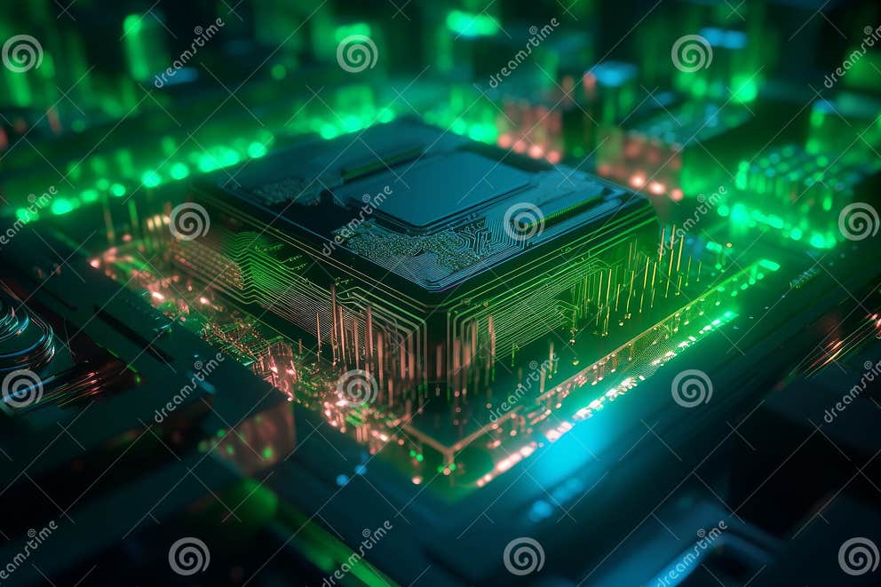 Abstract Microchip Green Neon. Generate AI Stock Illustration ...