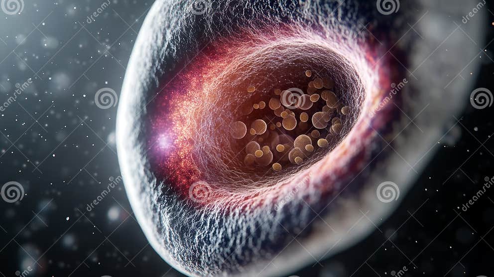 Abstract Microscopic Image of a Cell with a Glowing Nucleus and ...