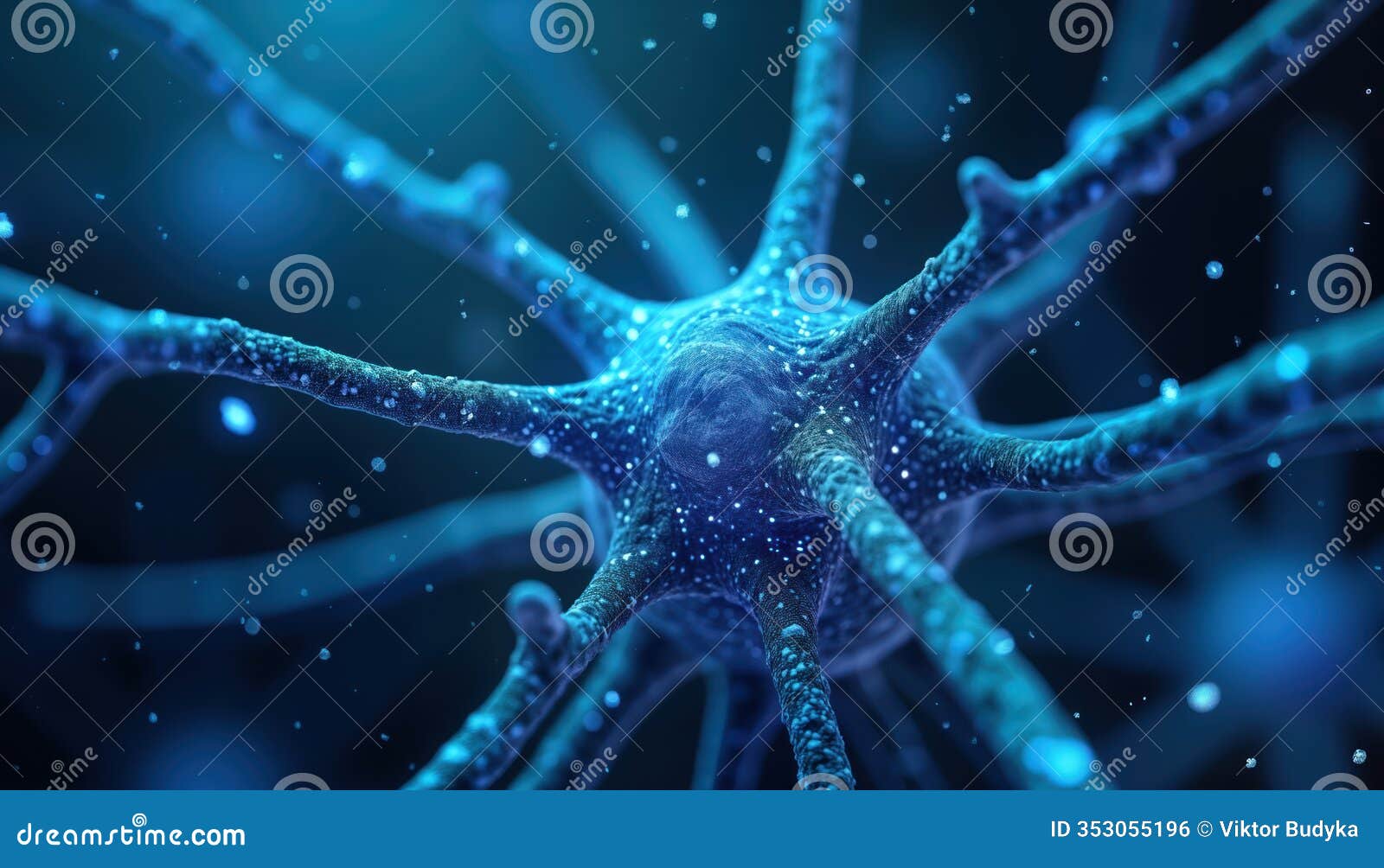 Abstract Microscopic View of Blue Neuron. Intricate Network of ...