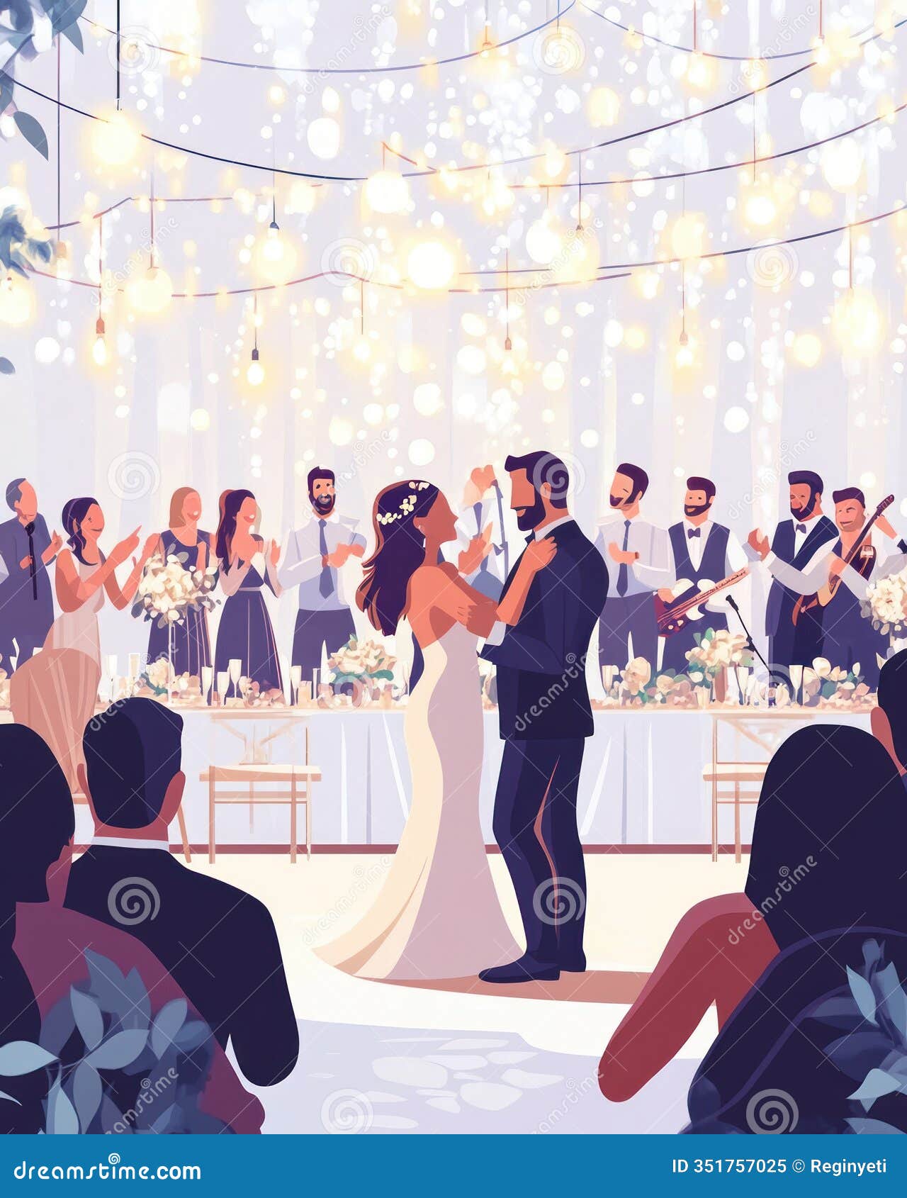 Wedding Reception Scene with Dancing Couple and Guests Applauding Stock ...