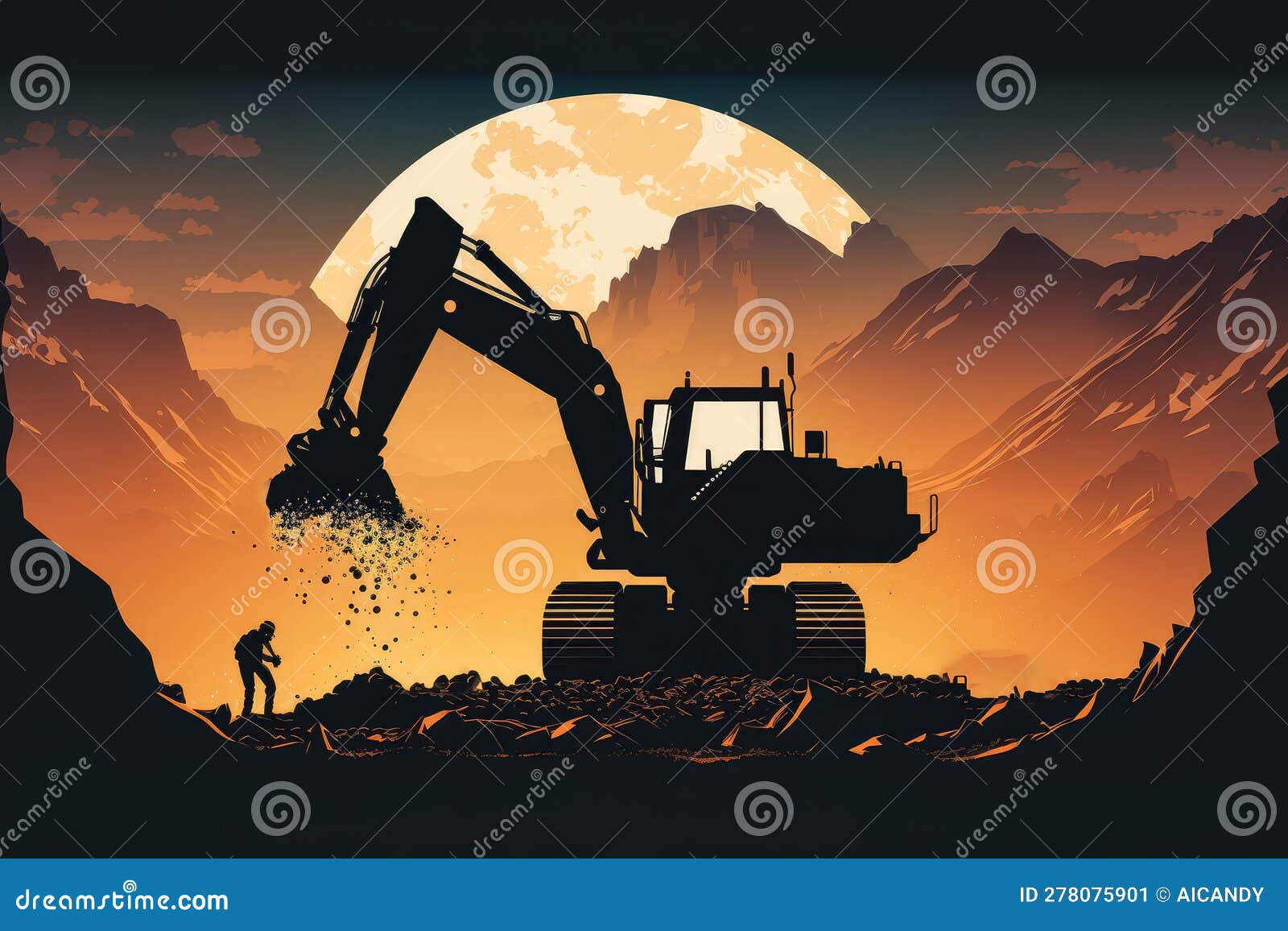 Abstract Mining Operation in Progress with Silhouettes of Heavy ...