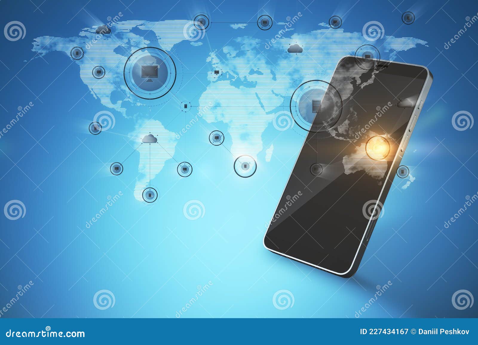 Abstract Mobile Phone with Glowing Map on Blue Background. Network ...