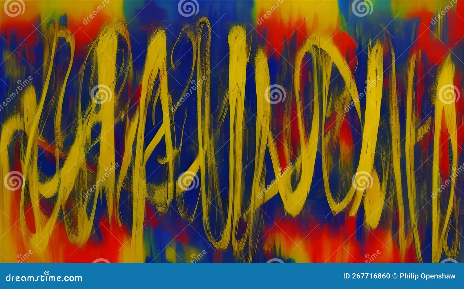 Abstract Modern Asemic Calligraphy Artwork Bright Primary Colors. Stock ...