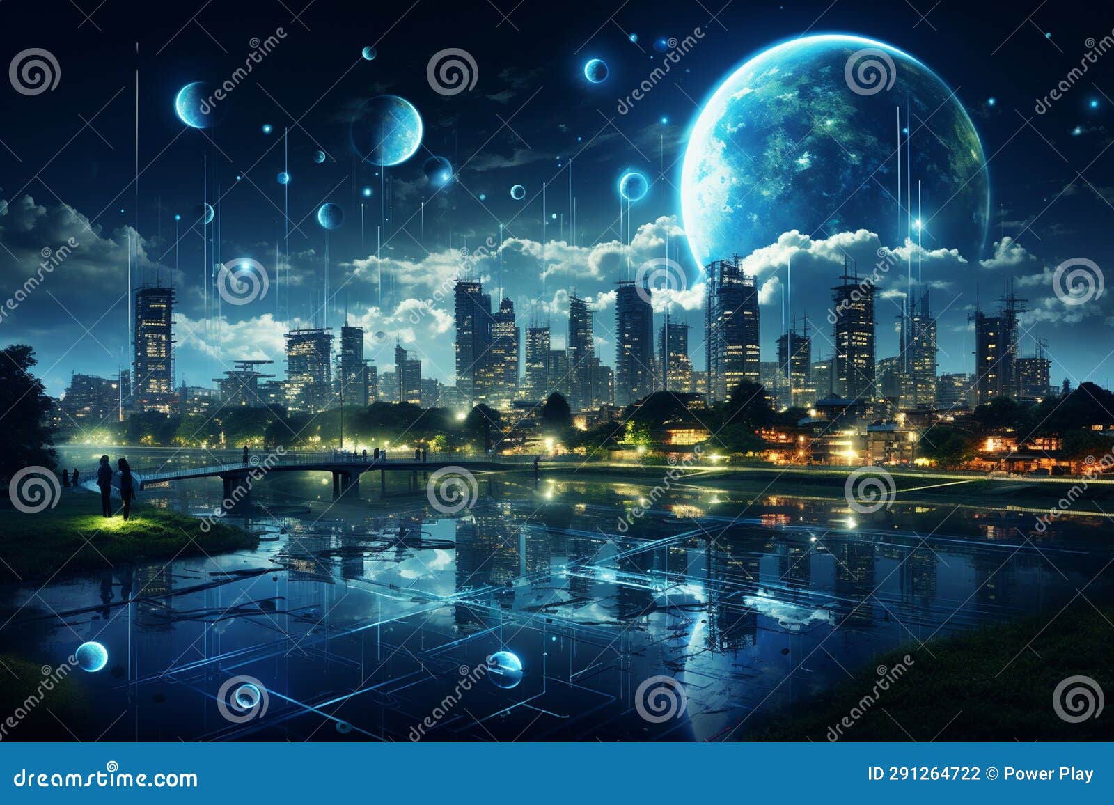 Abstract Modern City and Buildings at Night with Lights and Connection ...