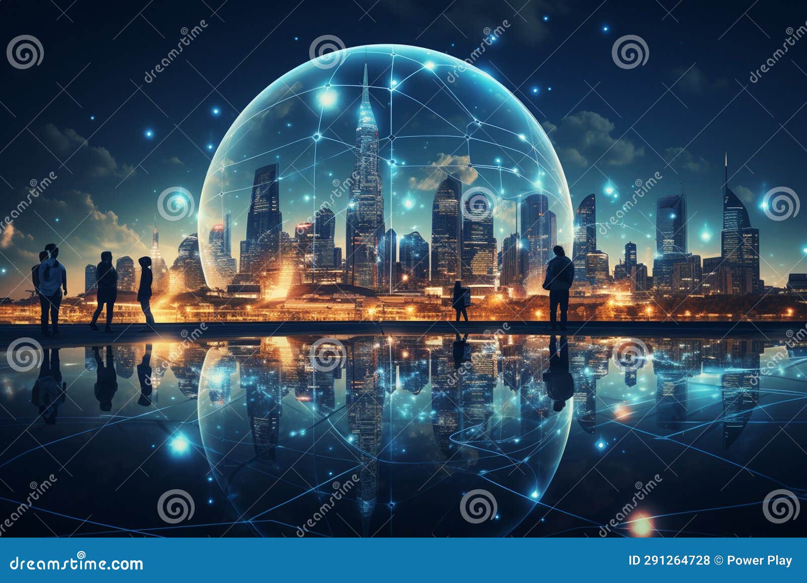 Abstract Modern City and Buildings at Night with Lights and Connection ...