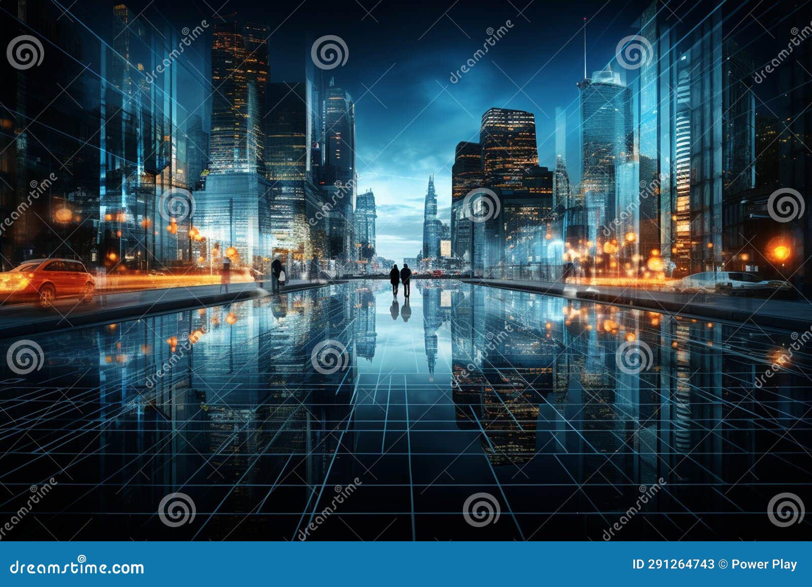 Abstract Modern City and Buildings at Night with Lights and Connection ...