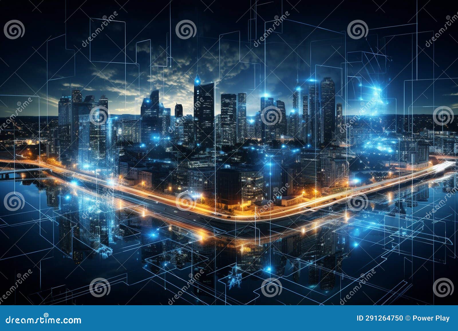 Abstract Modern City and Buildings at Night with Lights and Connection ...