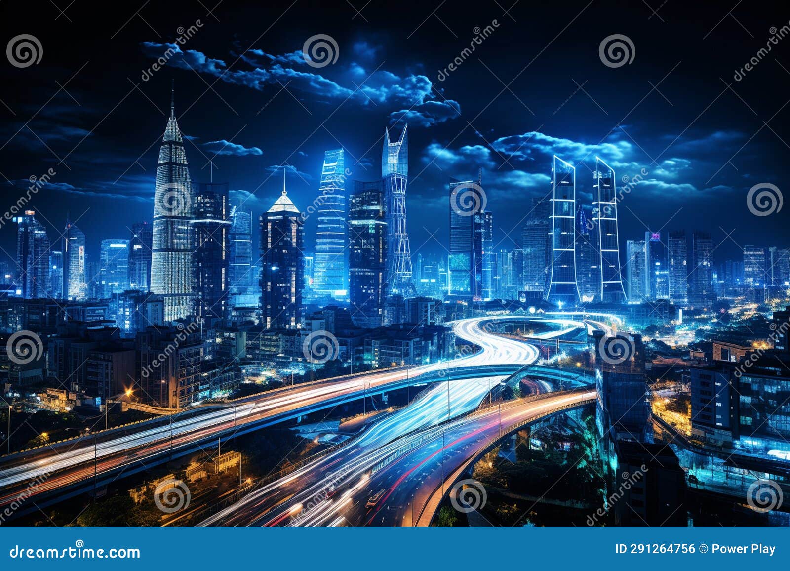 Abstract Modern City and Buildings at Night with Lights and Connection ...