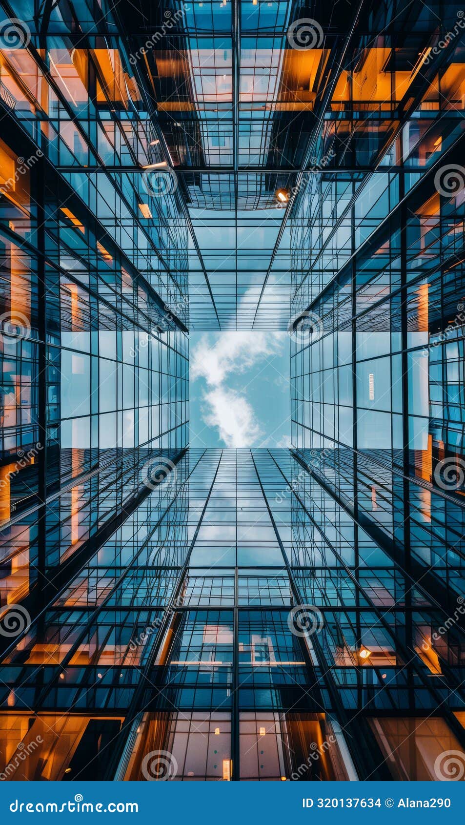 Abstract Modern Glass Office Building in Downtown, View from Below ...