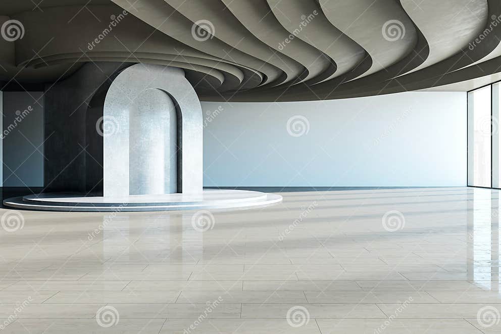 Abstract Modern Interior Design with Wave Ceiling and Light Walls. 3D ...