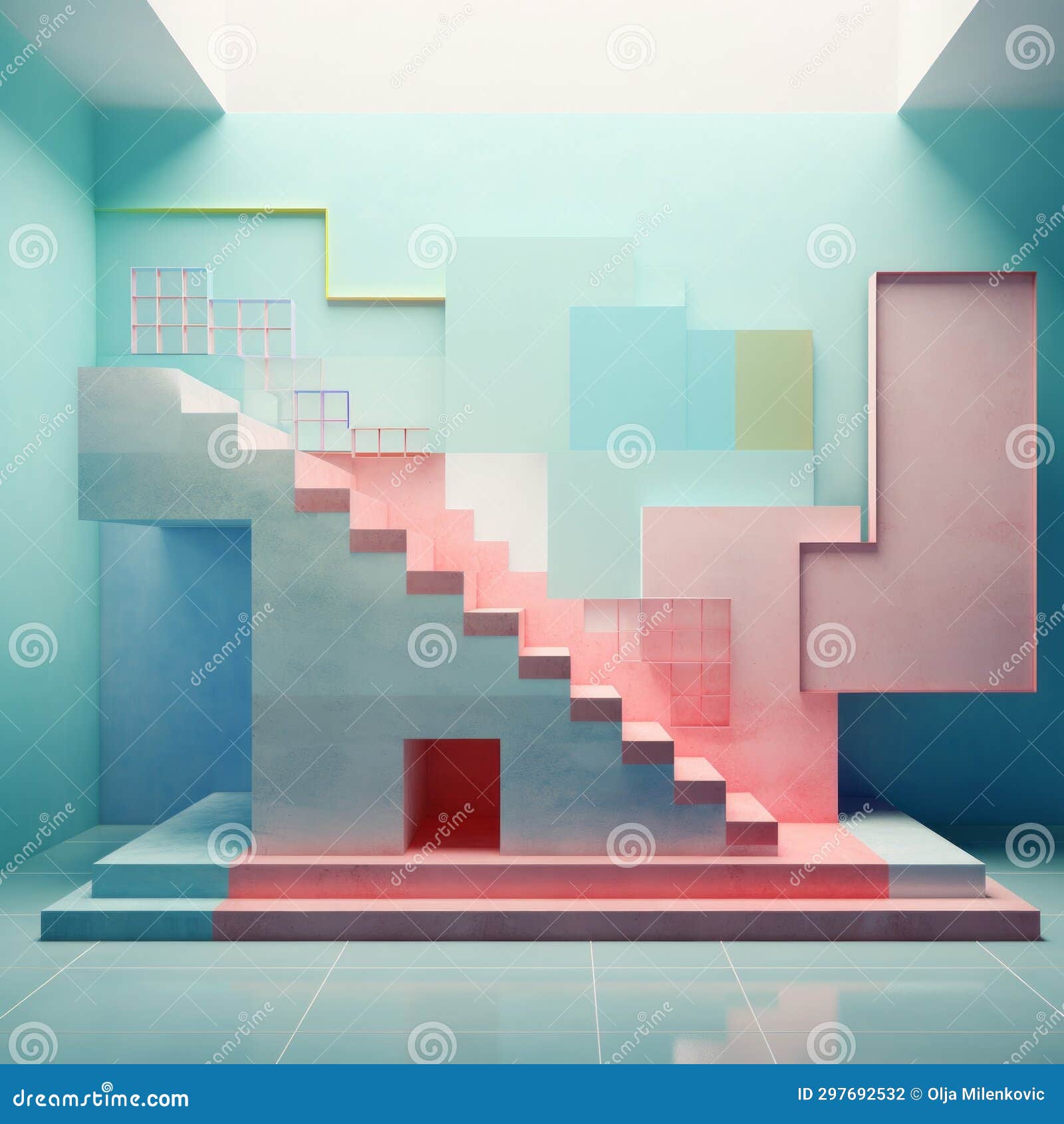 Abstract Modern Interior with Stairs, 3d Render, Square Composition ...