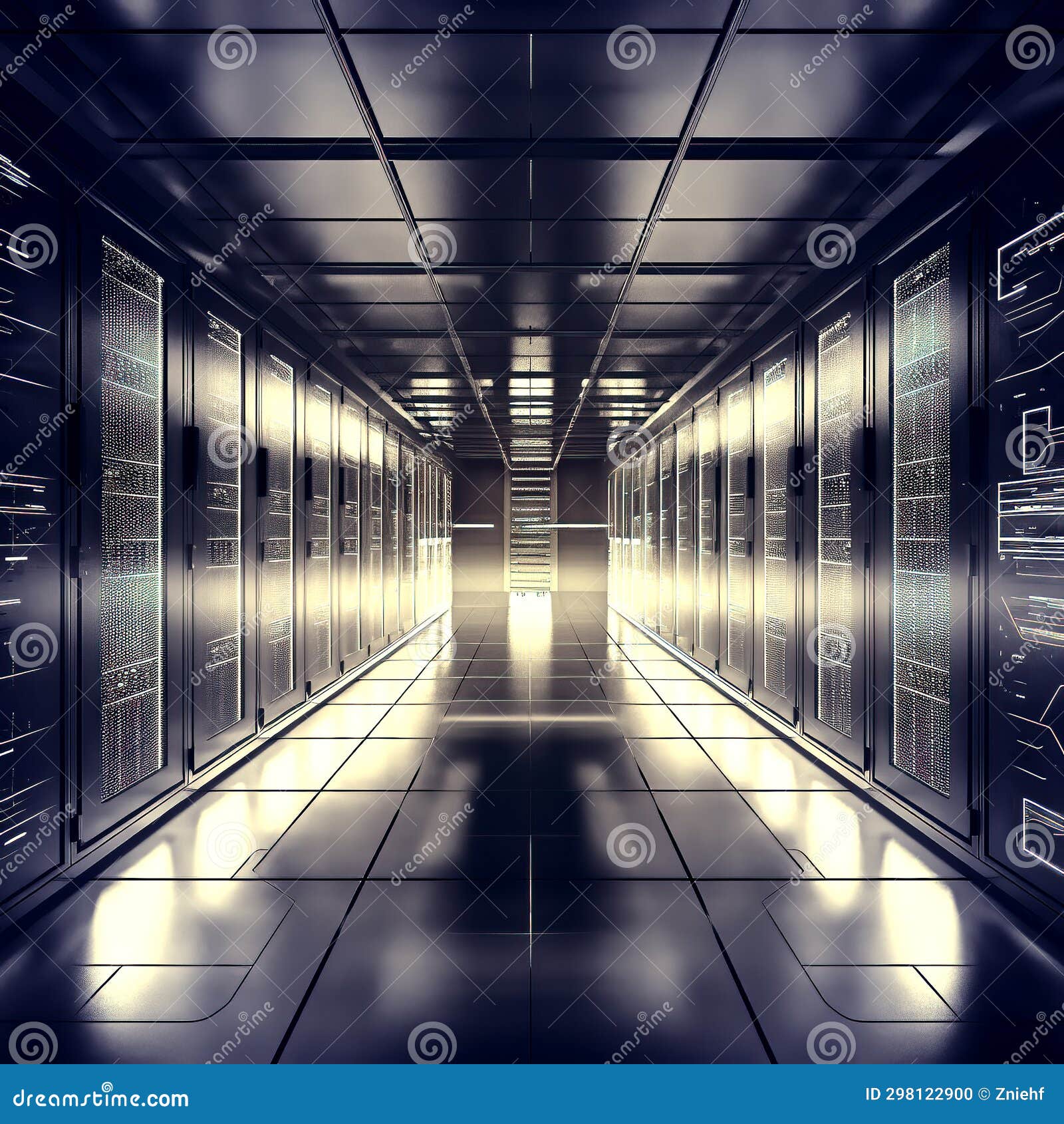 Abstract Monochrome Image of a Corridor between Computer Cabinets with ...