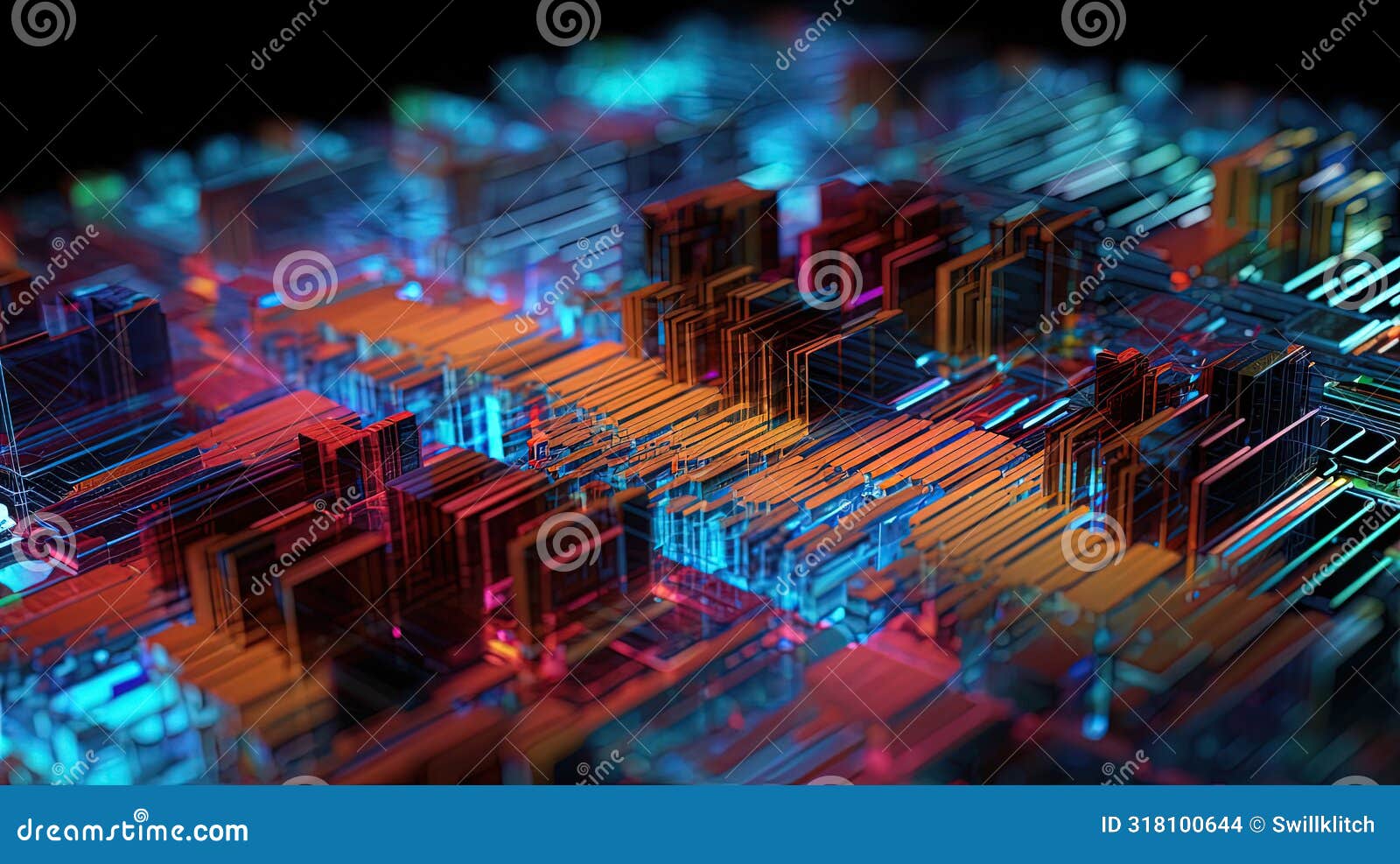 Abstract Motherboard Structure With Blocks And Chips In Purple And Blue ...