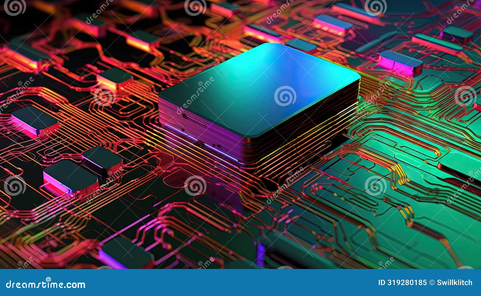 Abstract Motherboard Structure With Blocks And Chips In Purple And Blue ...