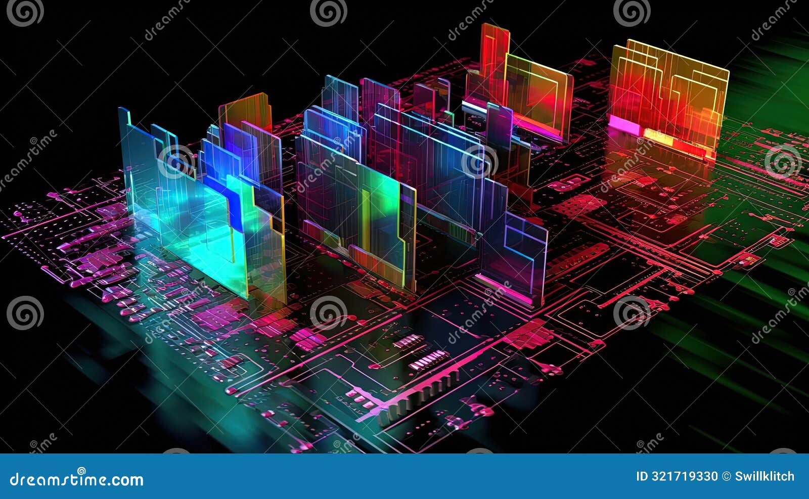 Abstract Motherboard Structure With Blocks And Chips In Purple And Blue ...